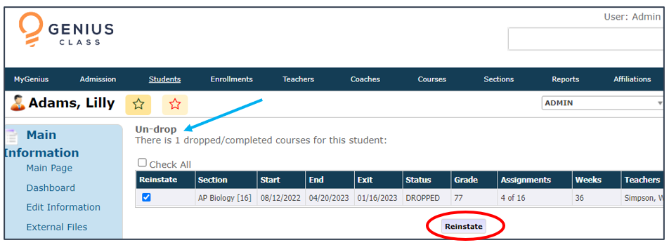 How to Reinstate or Transfer a Student in Class+ – The Genius SIS Help Knowledge Base